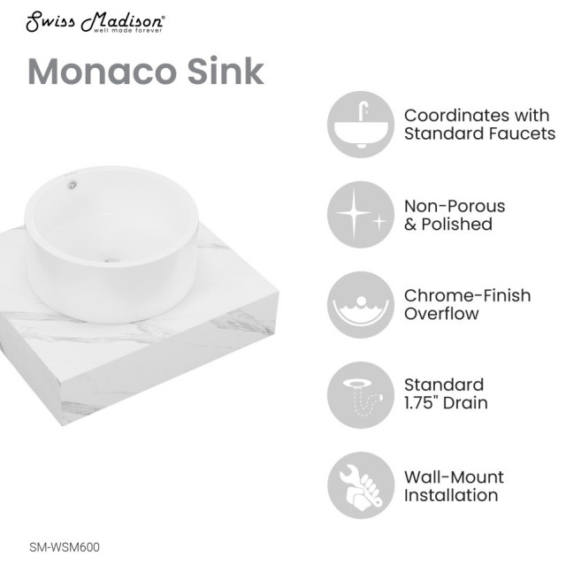 Monaco 24" Floating Bathroom Shelf With Vessel Sink, White Marble, 24 x 22 - Contemporary ...