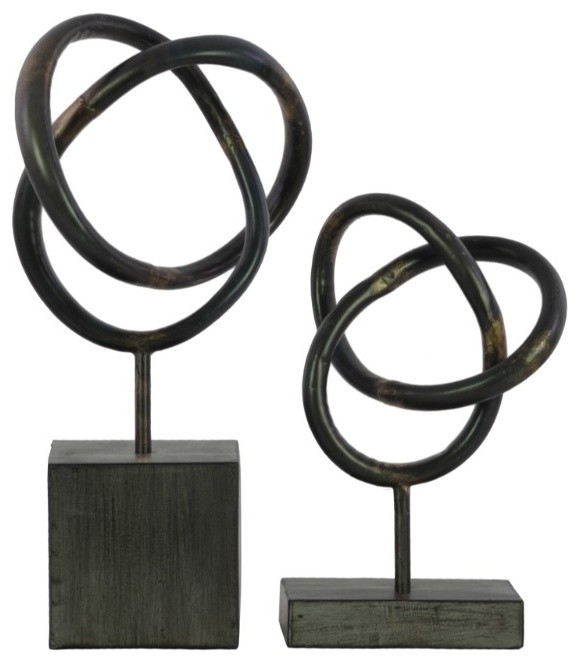 Metal Intertwined Circle Abstract Sculpture on Base, Gunmetal Gray, Set ...