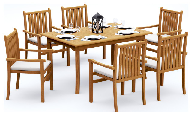 7-Piece Teak Dining Set, 60" Rectangle Table, 6 Cahyo Stacking Arm ...
