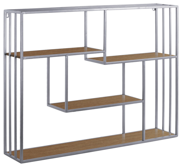 Rectangular Metal Wall Shelf With 4 Wooden Shelves, Silver ...