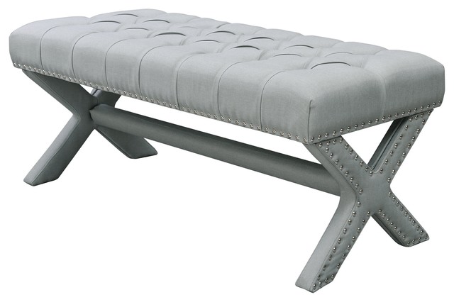Diana Linen Button Tufted Silver Nailhead Trim X Leg Bench