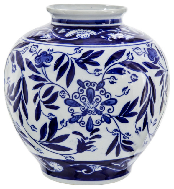 9 Inch Porcelain Vase, Blue Persian Print, Curved Shape, Flared Opening ...