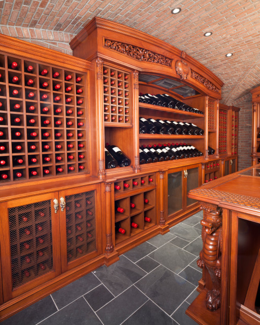 Vineyard inspired light mahogany wine cellar Franklin Lakes, NJ - Wine ...