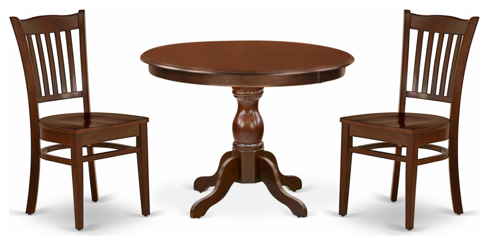 3 Pc Dining Set, Mahogany Wood Table, 2 Mahogany and Chairs, Slatted ...