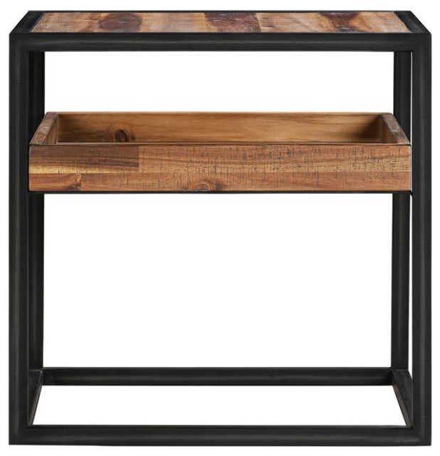 Ludgate Square End Table with Shelf in Acacia and Black Metal ...