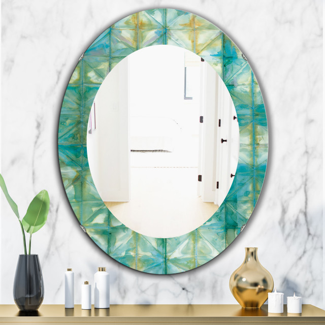 Designart Blue Diamonds Minimal Geometric I Frameless Oval Or Round Wall Mirror, 24x36 ...