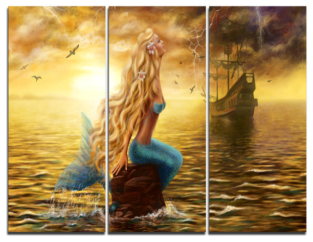 "Sea Mermaid With Ghost Ship" Digital Wall Art, 3 Panels, 36"x28", 36 ...
