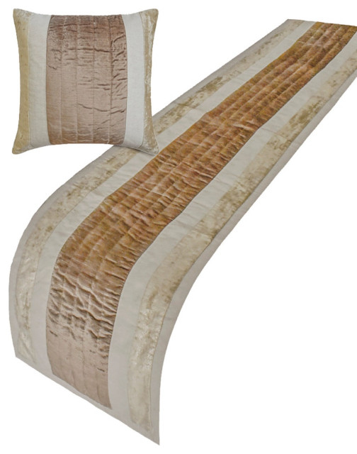 Luxe Velvet Lines - Velvet Beige Decorative Bed Runner and Pillow Cover ...