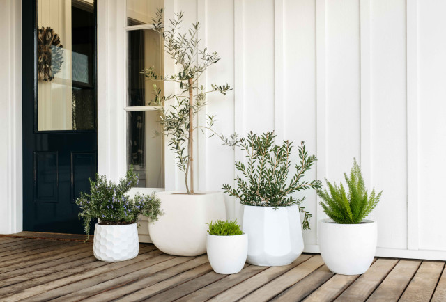 White MgO Geometric Design Round Indoor/Outdoor Planter - Transitional ...