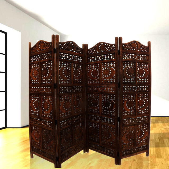 71" 4 Panel Mango Wood Room Divider Hand Carved Sun and Moon Design ...