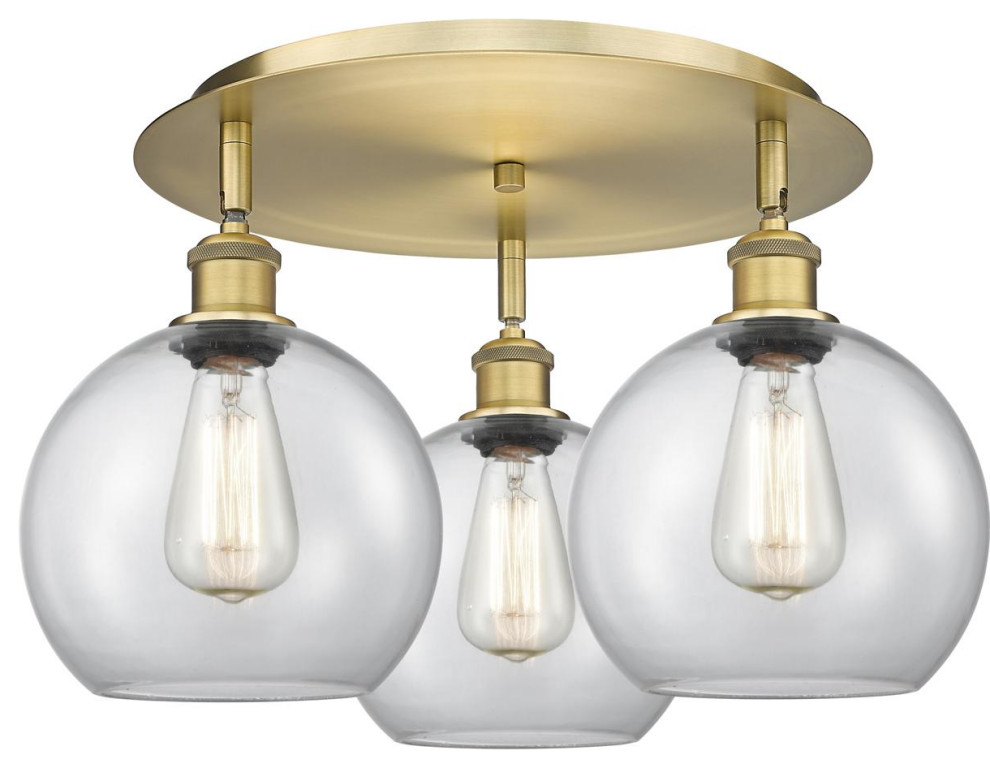 Athens 3 Light Flush Mount, Brushed Brass, Clear - Industrial - Flush ...