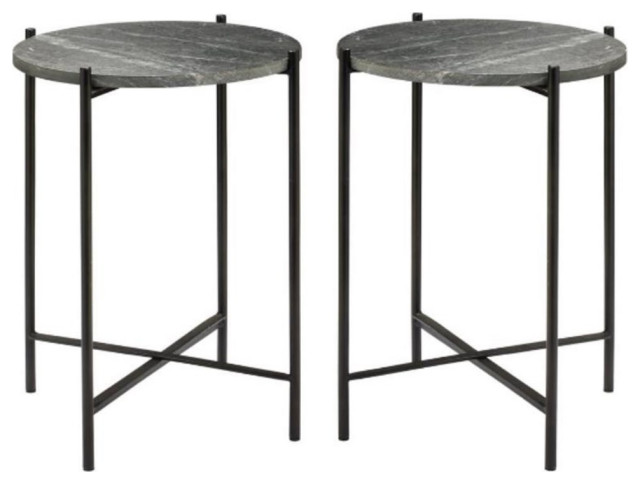 Home Square Transitional Iron Metal & Marble Side Table in Black - Set ...