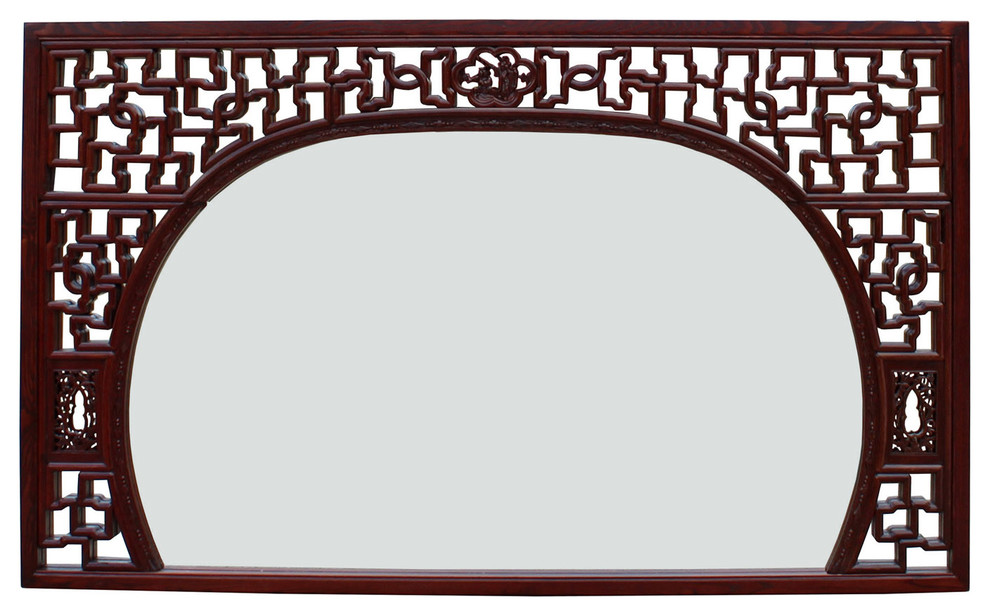 Chinese Reddish Brown Geometric Scenery Carving Wood Frame Wall Mirror ...