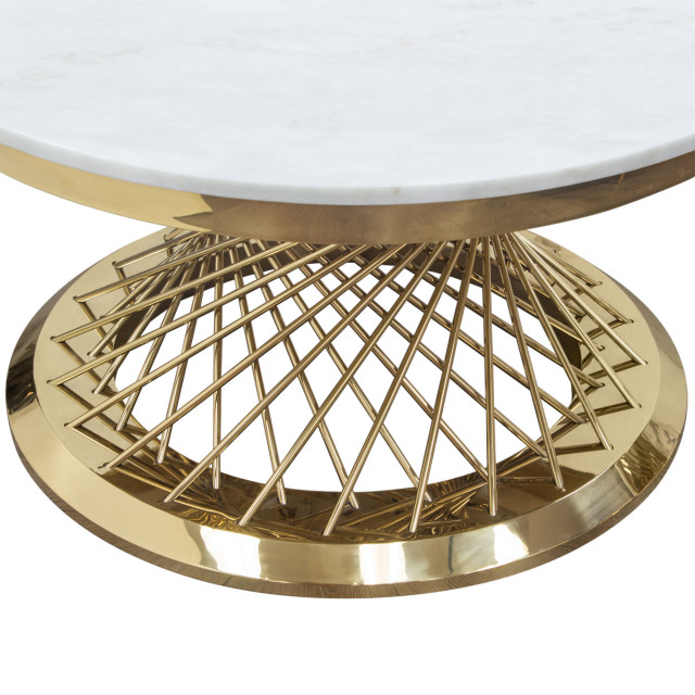 35" Round Cocktail Table with Genuine Marble Top and Gold Spiral Spoked ...