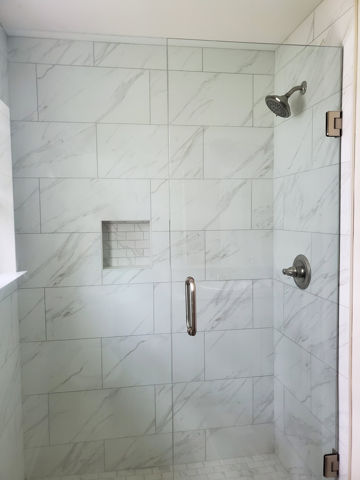 Tub Surround and Shower done with 12x24 Carrara Matte Porcelain Tile ...
