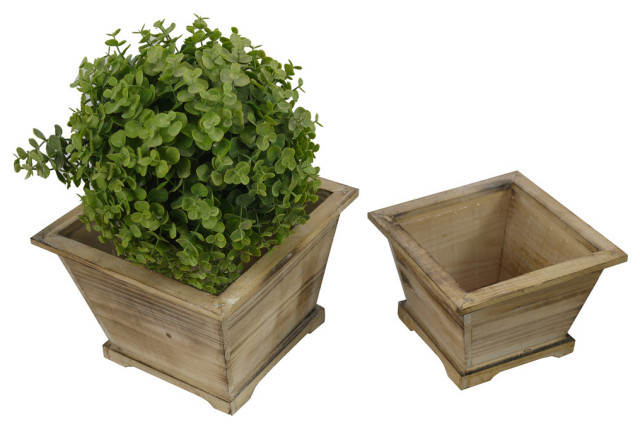 Set Of 2 Contemporary Liner Square Wood Pot Planter, Natural - Rustic ...