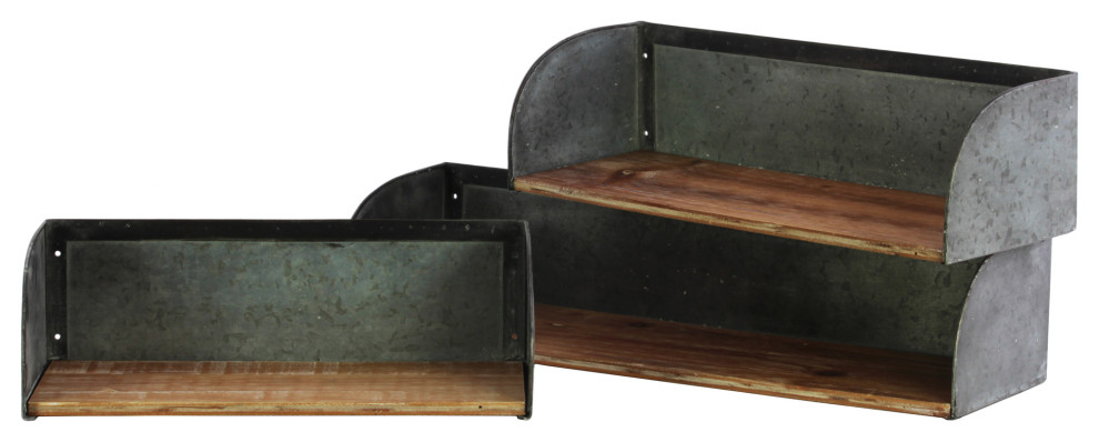 Wooden Wall Shelves with Metal Sides, Set of Three, Brown - Farmhouse ...
