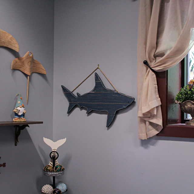 31 Inch Blue Wood Carved Shark Wall Decor Plaque Hanging Nautical Art ...