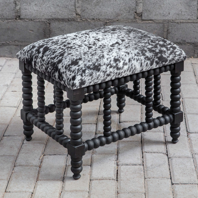 Luxe Rustic Faux Cow Hair Hide Spindle Leg Stool Bench Black Gray White ...