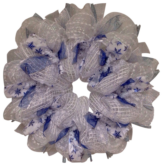 Snowy Night Winter Ribbon Deco Mesh Wreath - Contemporary - Wreaths And ...
