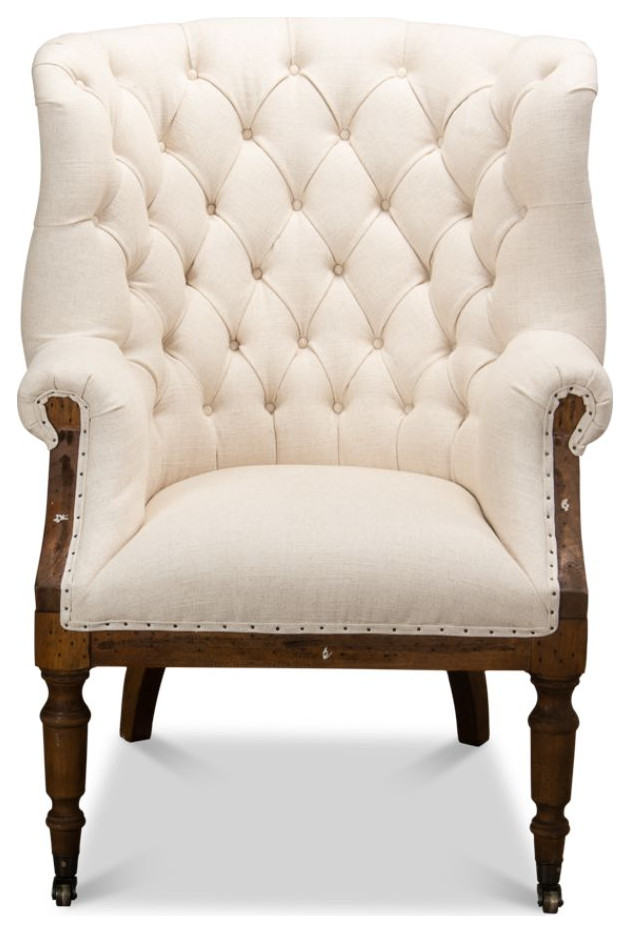 Irish Chair Cream Linen & Burlap Wing Accent Chair - Traditional ...