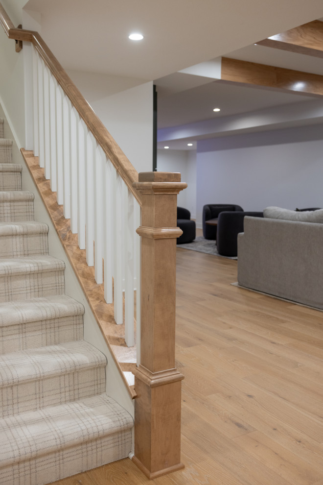 Modern Cozy Basement Remodel with Kings Buff Oak Flooring - Modern ...