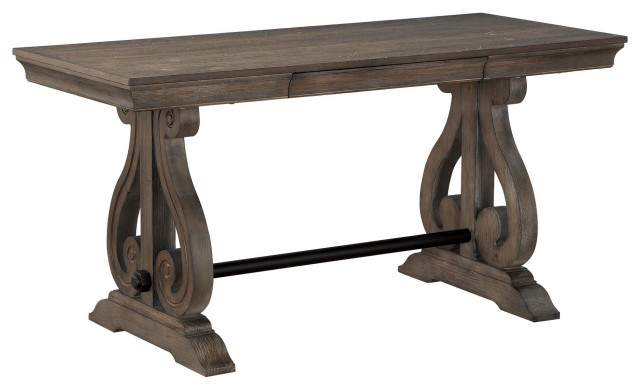 Desk, Scrolled Legs & Crown Molded Top With Hidden Drawer, Distressed ...