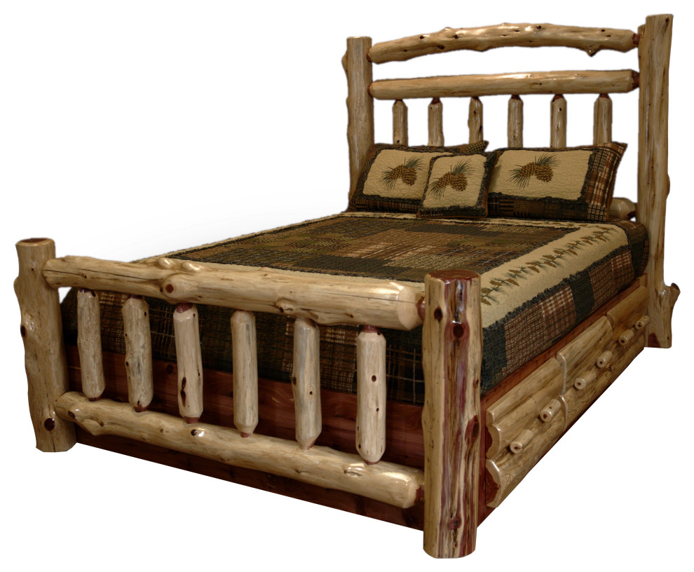 Red Cedar Log Platform Bed with Double Top Rail and Footboard, Full ...