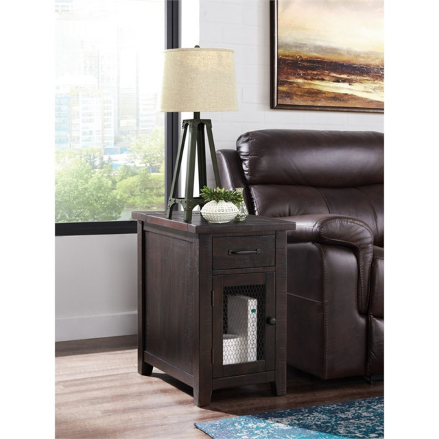 Bowery Hill Farmhouse Solid Wood Chairside Table with Power in Espresso ...