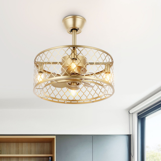 18" Modern 7-Blade Caged Ceiling Fan With Remote Control And Light Kit ...