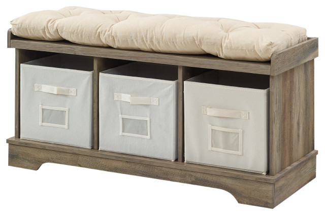 42" Farmhouse Wood Entryway Storage Bench With Cushion and Totes, Gray ...