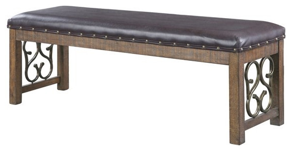 Classic Dining Bench in Black PU, Weathered Cherry Finish, Scrolled ...