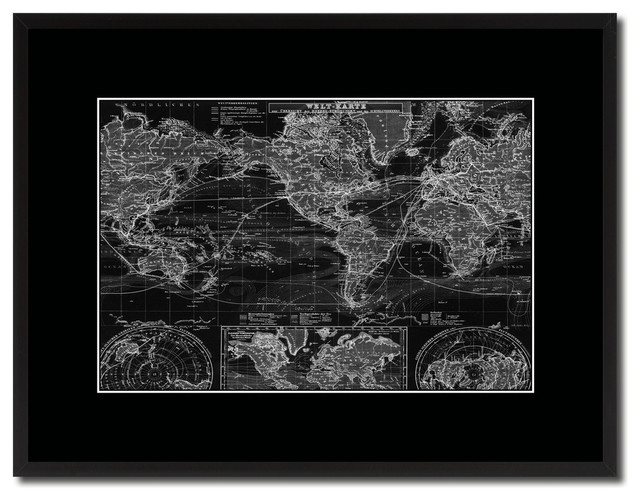 World Ocean Currents Monochrome Map Print On Canvas With Black Frame ...