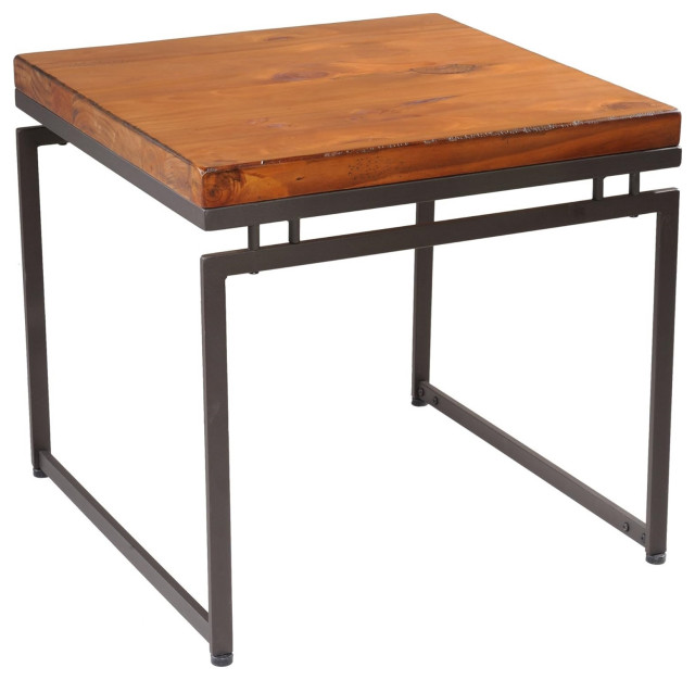 Industrial End Table, Metal Base and Square Top With Distressed Cognac ...