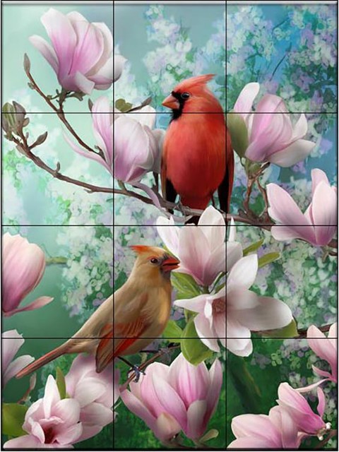 Ceramic Tile Mural, Cardinal Family II, HP, by Henry Peterson, 17" x 25 ...