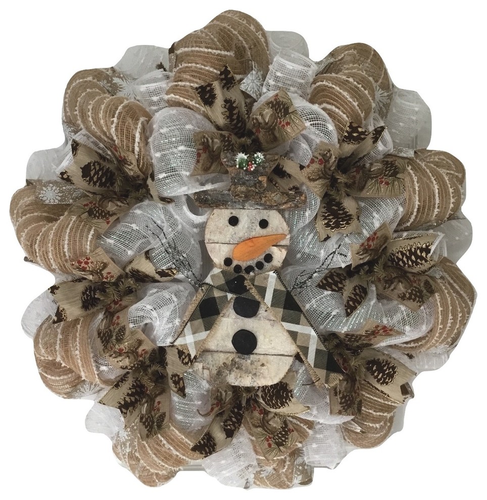 Rustic Woodland Snowman Winter Or Holiday Wreath Handmade Deco Mesh # ...