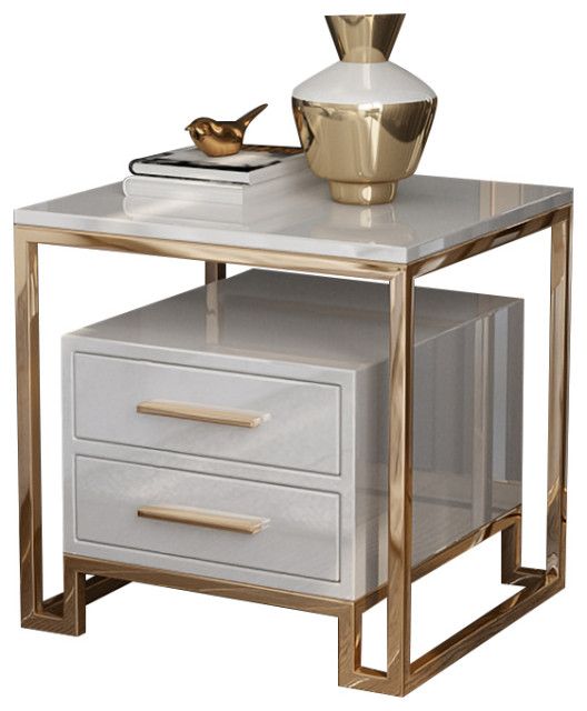 White Side Table with Two-Drawer End Table Stainless Steel in Gold ...