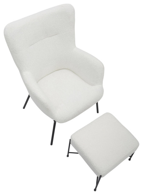 Izzy Lounge Chair + Ottoman Set, Black Metal, White Sherpa - Midcentury ...