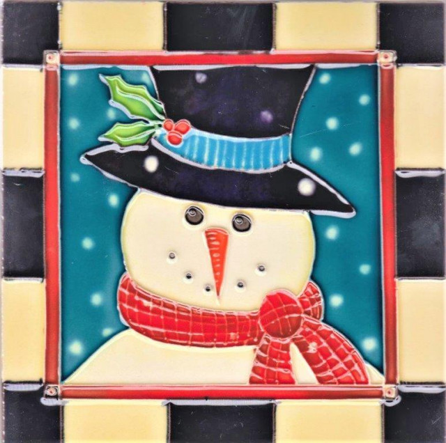 8x8" Snowman With Checker Background Ceramic Art Tile Painted Trivet ...
