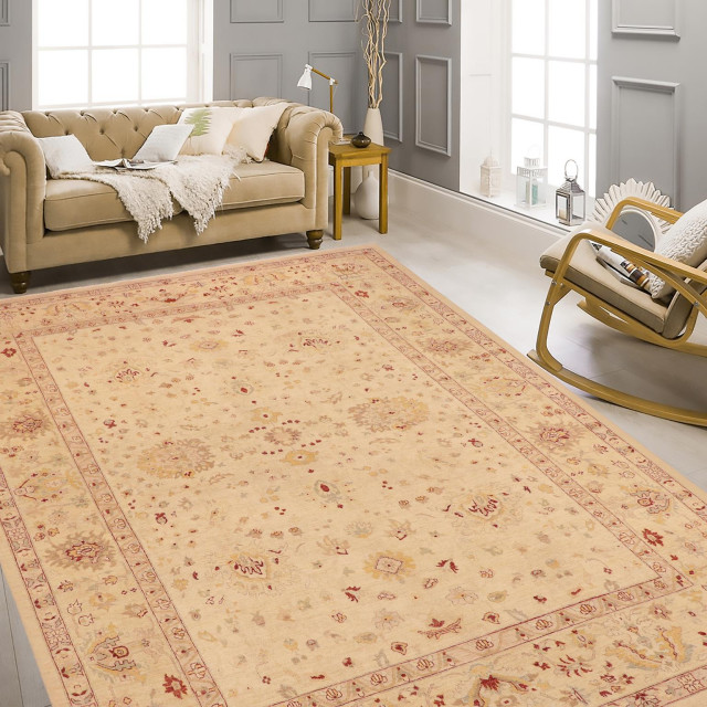 Shabby Chic Ziegler Silvia Beige Gold Hand-Knotted Wool Rug - 9'10'' x ...