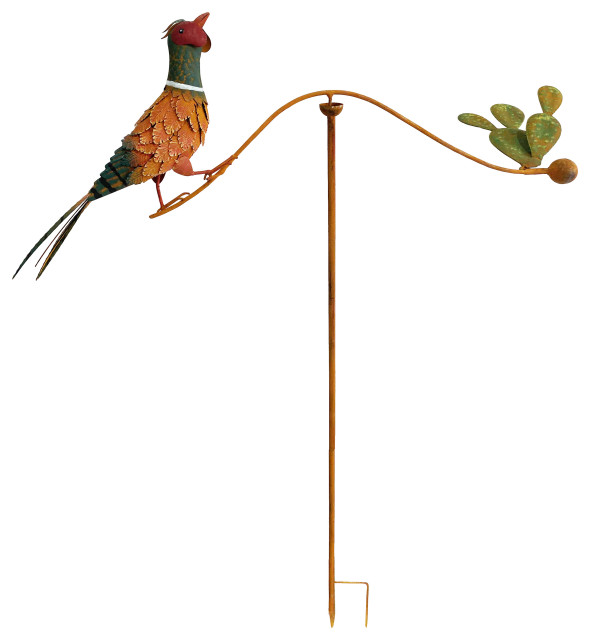 Rustic Metal Pheasant and Cactus Kinetic Spinning Balancer Garden Stake ...