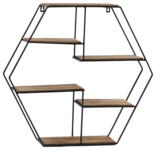 Hexagonal Wooden Wall Shelf with 5 Tier Surface, Brown and Black ...