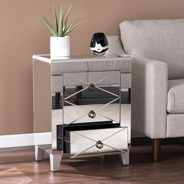 Modern Silver Mirrored Side Table with 3 Storage Drawers and ...