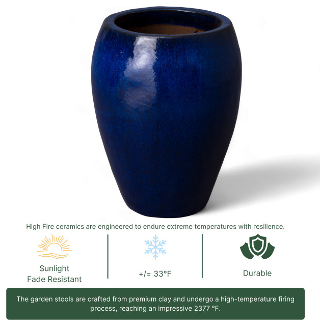 30 In. Blue Round Ceramic Tapered Planter - Contemporary - Outdoor Pots ...