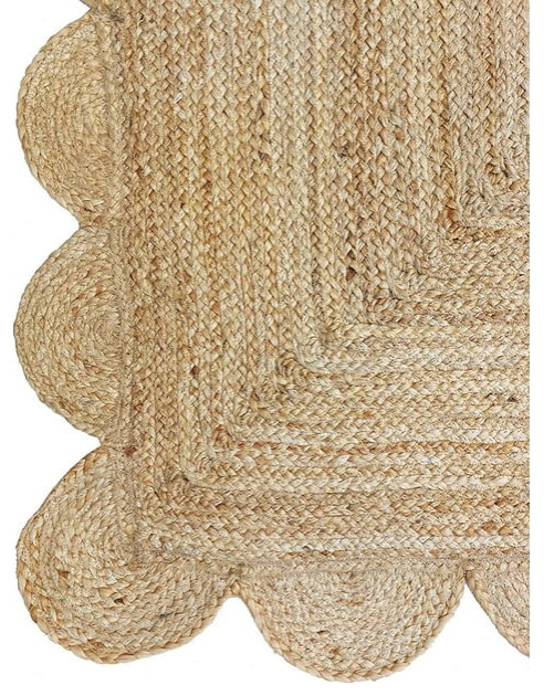 Scalloped Natural Jute Rug, Coastal Style, Unique Rectangular Design, 5 ...