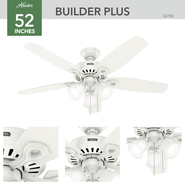 Hunter 52" Builder Fresh White Ceiling Fan, LED Light Kit and Pull ...