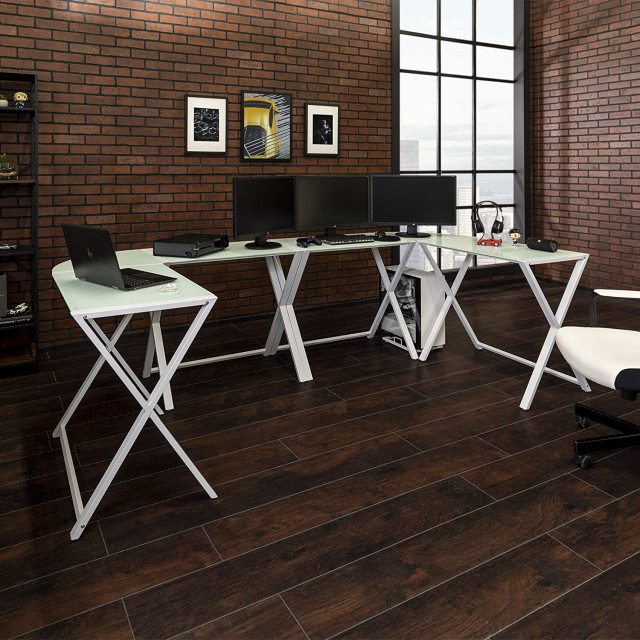L-Shaped Desk, X-Shaped Metal Legs With Tempered Glass Top, White ...