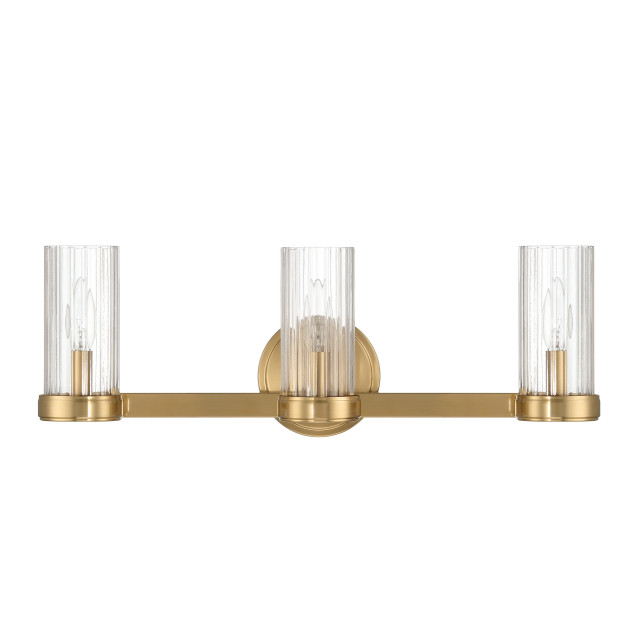 Izzy Metal and Clear Ribbed Glass 3-Light Vanity Light, Brushed Gold ...