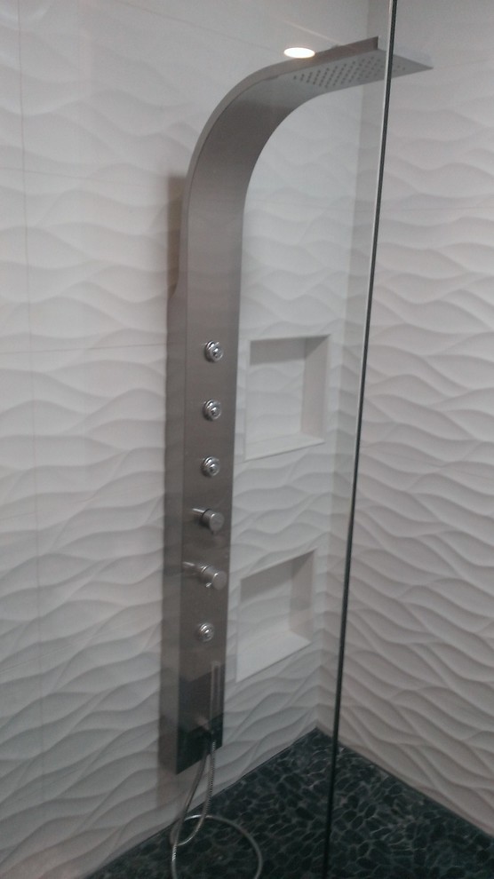 MASTER BATHROOM - Large Wave Tile Shower / Penny Tile Wainscot / Ikea ...