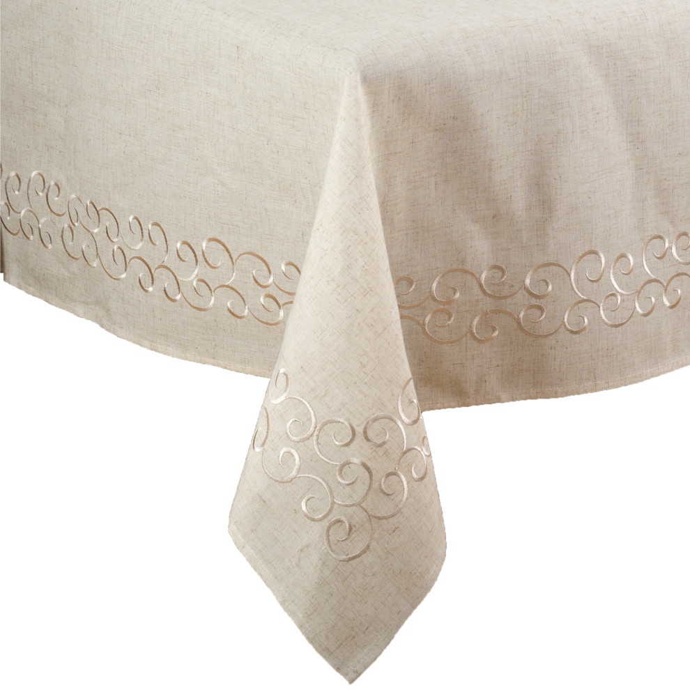 Linen Blend Tablecloth With Embroidered Design, 67"x140" - Transitional ...